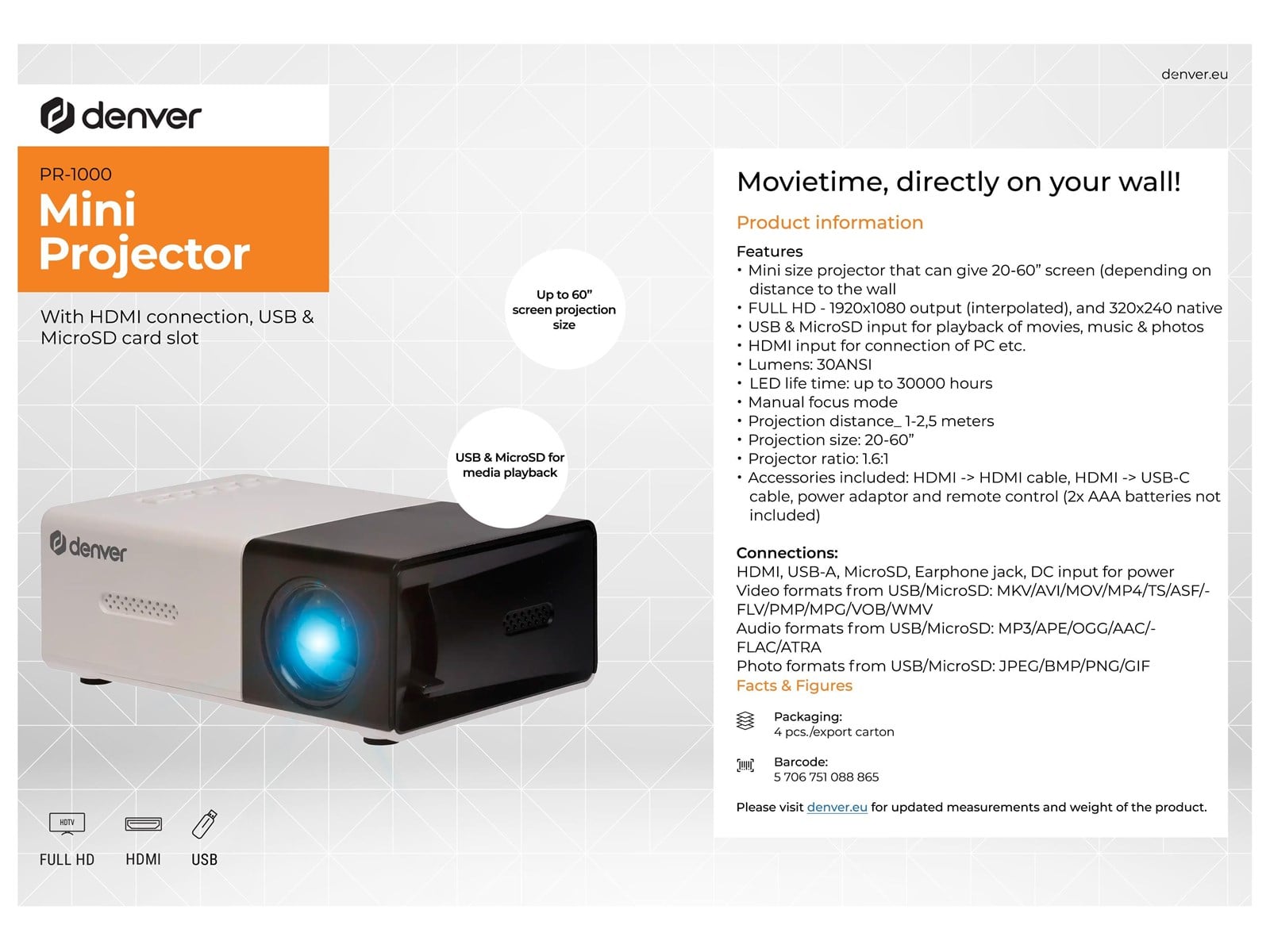 DENVER Projektor PR-1000 - Mini projector with included power adaptor ...