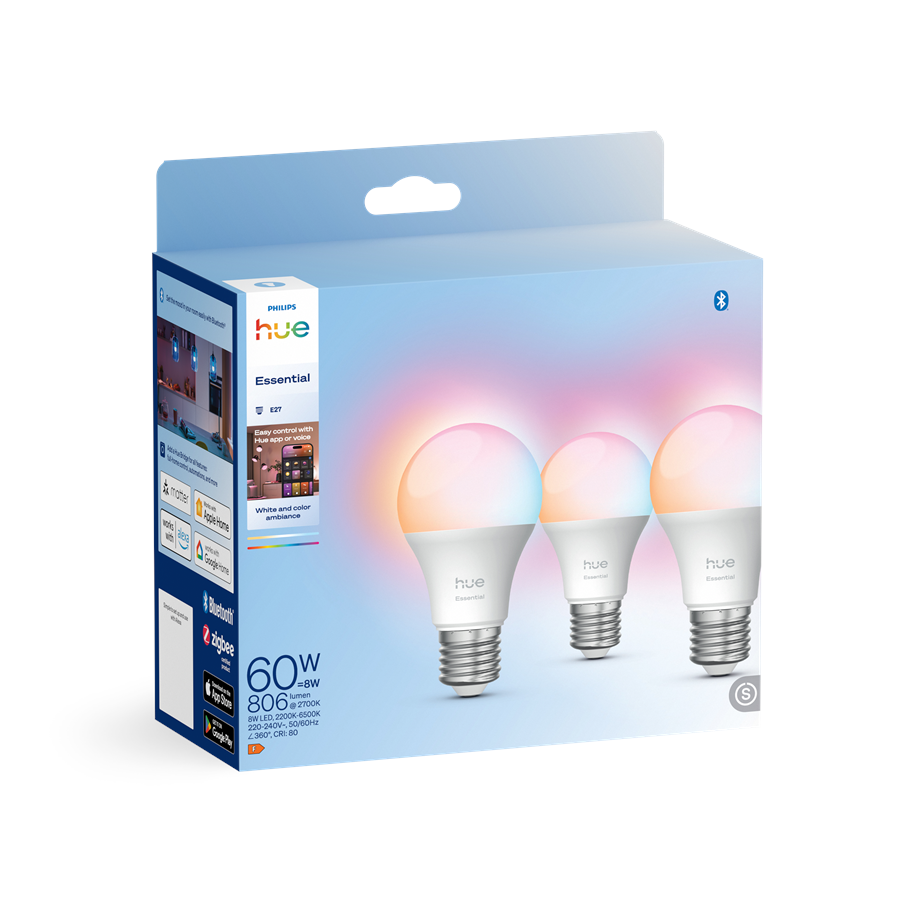 Philips Hue Essential A60 – E27 smart ljuskälla – 806 lm – 8W – 3-pack